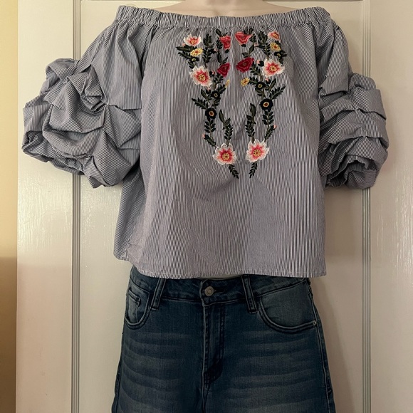 Blue Rain | Tops | Blue Rain Off The Shoulder Blue Pinstripe ...